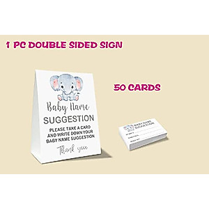 Yuansail Baby Name Suggestion For Baby Shower Games, Elephant Themed Name Suggestion Game Card, Party Favors Supplies Decorate For Baby Showers Game Cards, 1 Sign & 50 Cards Per Pack –(bbname-010)
