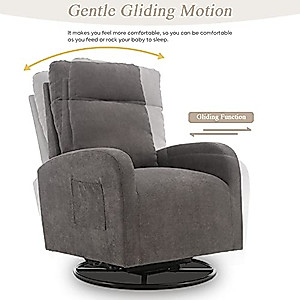 Deolme 360 Swivel Accent Glider Rocking Chair, Comfy Tufted Upholstered Glider Rocker for Nursery, Modern Armchair with Tall Back and Side Pocket for Living Room, Bedroom (Dark Gray)