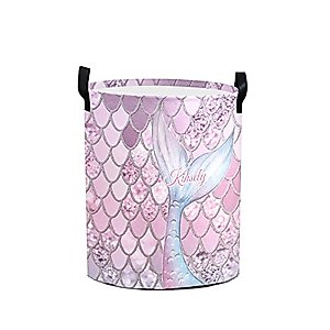 Mermaid Glitter Scales Personalized Laundry Basket Clothes Hamper Storage Handle Waterproof, Custom Laundry Round Collapsible Capacity for Bedroom Bathroom Toy Decoration