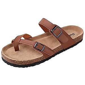 OUTWOODS Women's Bork-30 Vegan Leather Slide On Toe Loop Sandals, Brown 10