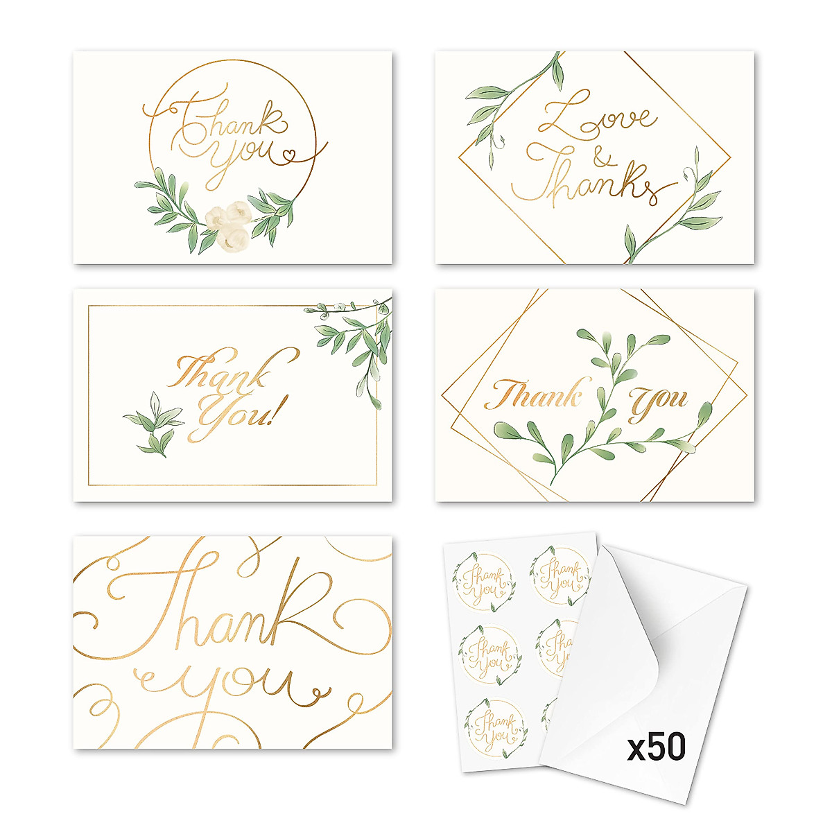 Rileys & Co Thank You Wedding Cards, Gold Foil, Classic Wedding Cards 50 Count, with Stickers & Envelopes | Bulk Thank You Cards with Envelopes | Wedding Thank You Cards Greenery and Gold