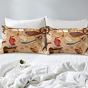 Feelyou Nautical Decor Bedding Set for Girls Boys Children Sailboat Rudder Printed Comforter Cover Ocean Theme Pirate Duvet Cover Retro Sea Adventure Bedspread Cover Twin Size Bedding Collection 2Pcs