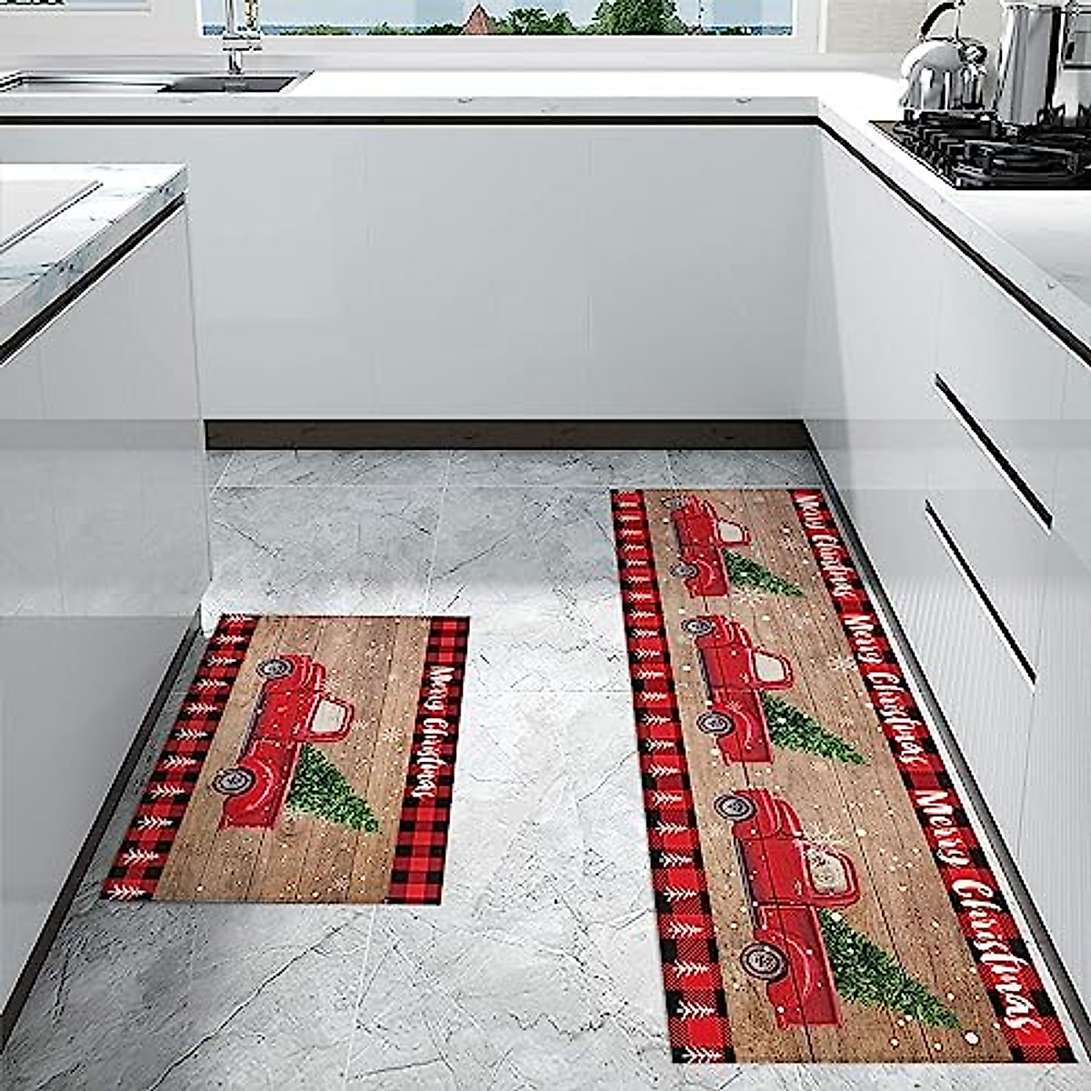 Christmas Kitchen Rugs, Xmas Tree Red Truck Kitchen Rug, Kitchen Mat Kitchen Gadgets, Kitchen Mats for Floor, Runner Rug for Laundry Room Decor, Kitchen Organization Floor Mats, 2pc Kitchen Runner Rug