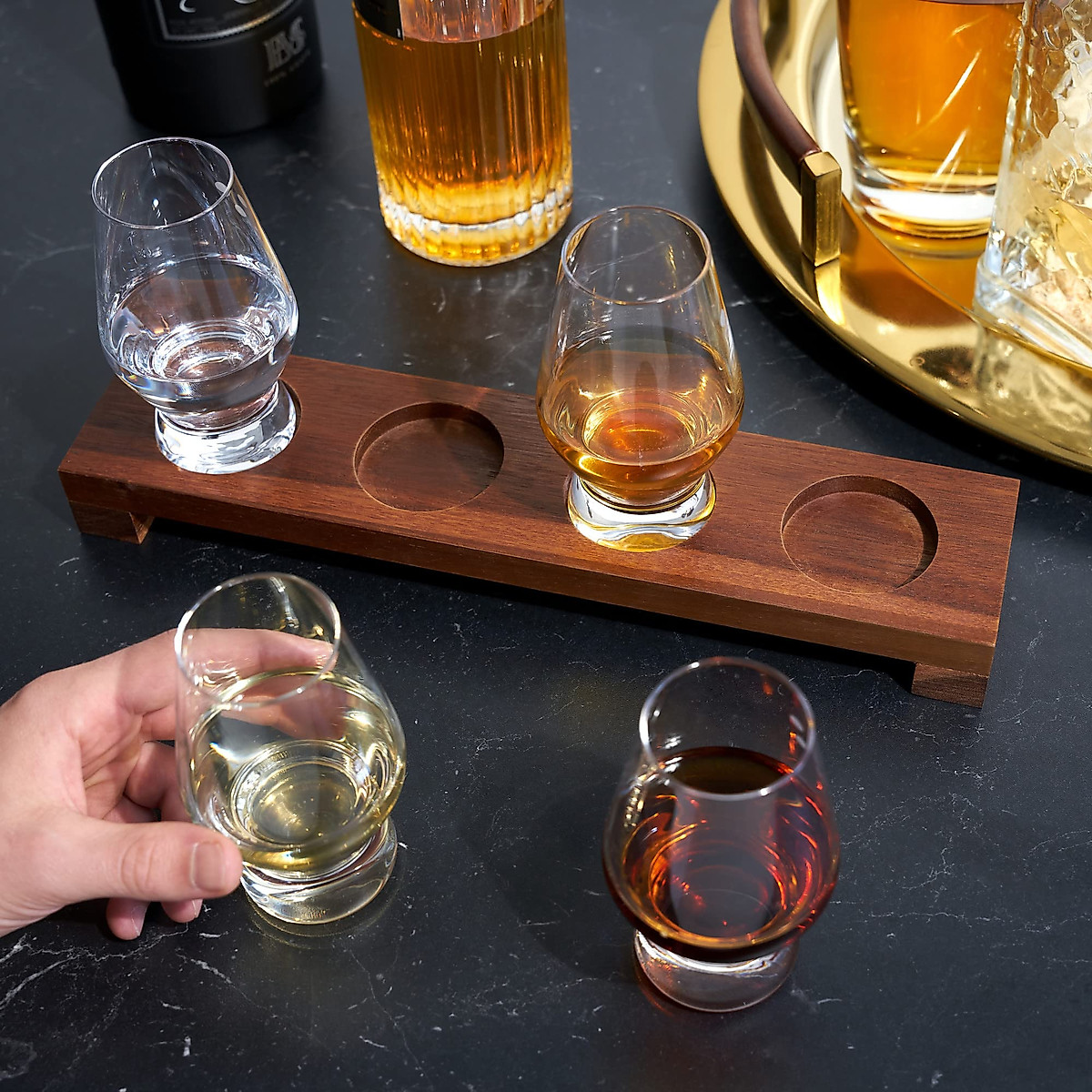 Viski Spirit Tasting Flight Kit, Crystal Liquor Glasses with Wooden Serving Tray for Whiskey, Brandy, Set of 4 8 oz. Footed Scotch Tumblers, 1 Board, Set of 5, Clear