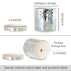 SCANDINORDICA Disco Ball Planter Pot - 4.3 inch Disco Ball Vase, Disco Planter, Ceramic Planter Pots Indoor with Drainage Hole and Saucer, Cute Eclectic Decor, Preppy Room Decor | 0.3" Mirror Tiles