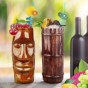 Tiki Mugs Cocktail Set of 4 - Large Ceramic Hawaiian Party Mugs Drinkware, Cute Exotic Cocktail Glasses, Tiki Bar Professional Hawaiian Party Barware, TKSET0001