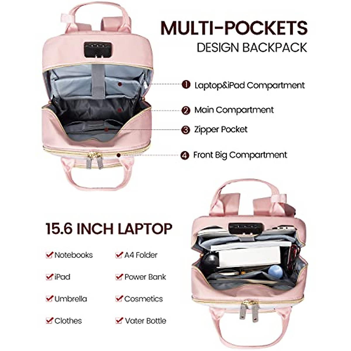 LOVEVOOK Laptop Backpack for Women, Fits 15.6 Inch Laptop Bag, Fashion Travel Work Anti-theft Bag, Business Computer Waterproof Backpack Purse, University Backpacks, Grey-Pink-Grey