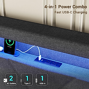 BTHFST Queen Floating Bed Frame with RGB LED Lights Headboard, USB-C/A Power Combo, Linen Upholstered Platform Bed with Storage Headboard, Innovative Stable Structure, Dark Gray