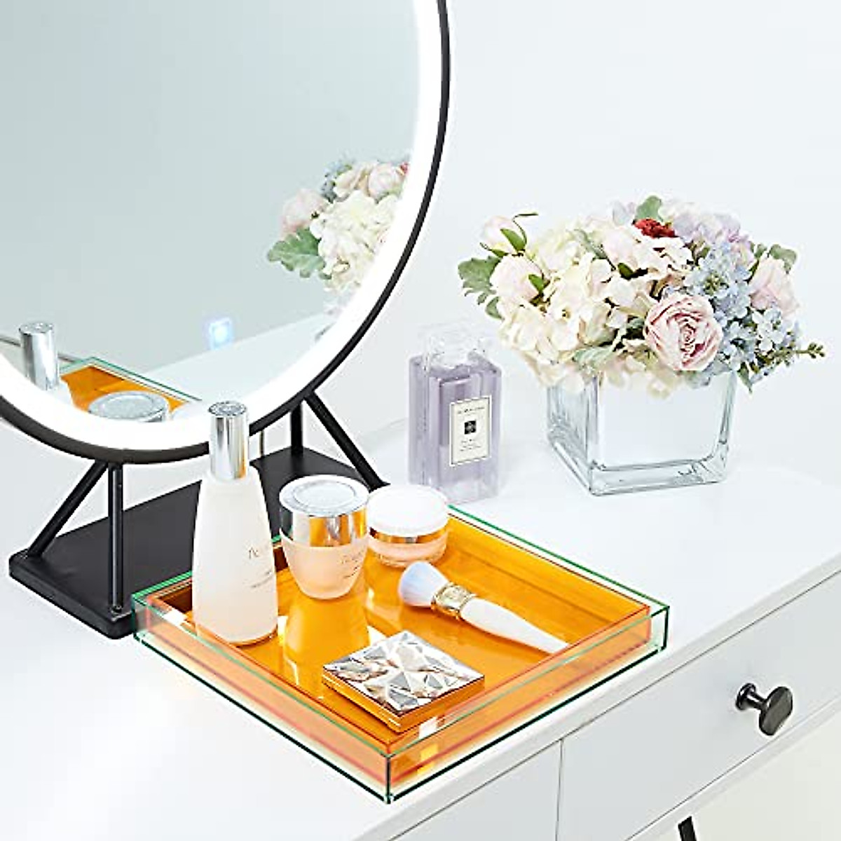Acrylic Decorative Tray-Jewelry Perfume Makeup Storage Organizer for Vanity, Dresser, Bathroom, Living Room, Coffee Table (Orange)