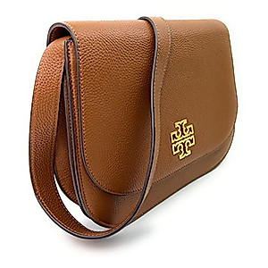 Tory Burch Britten Pebbled Leather Saddle Bag (Moose) With Gold Tone Hardware
