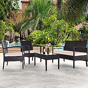 RELAX4LIFE 4 Piece Patio Furniture Set, Wicker Conversation Set w/Removable Seat Cushions, Rattan Chairs & Loveseat & Glass Coffee Table, Outdoor Furniture Set for Garden Balcony Poolside (1)