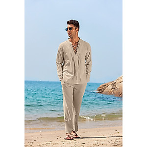 COOFANDY Men's 2 Piece Linen Set Long Sleeve Henley Shirts Casual Beach Pants With Pockets Summer Yoga Outfits