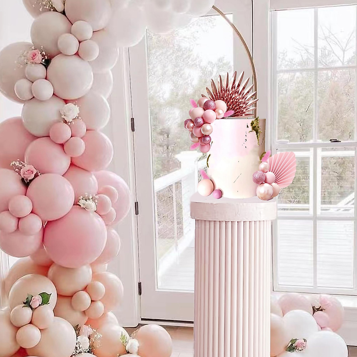 38 PCS Balls Cake Toppers Palm Leaves Cake Decorations for Birthday Wedding Baby Shower Party Supplies Mother's Day (Rose Gold)