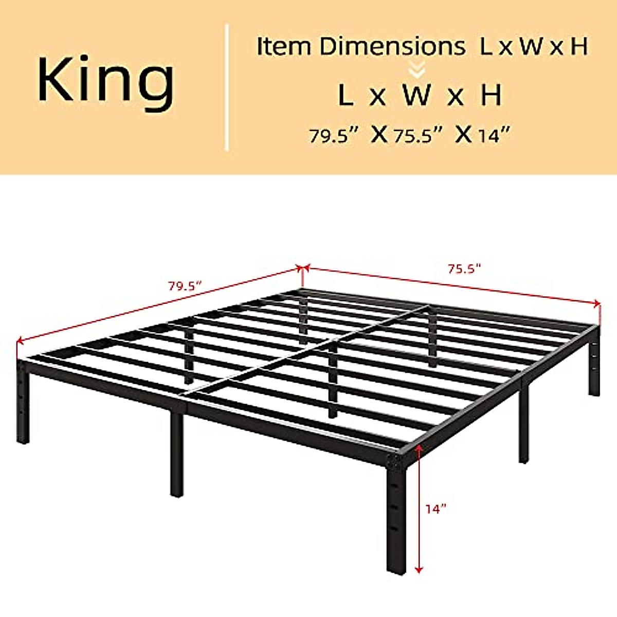 XMhongsong 14 Inch King Size Bed Frame No Box Spring Needed, Heavy Duty Metal Platform Bed Frame, Easy Assembly, Noise Free, Black