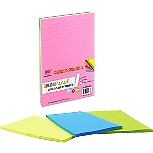 4A 4A 5084-N-L Sticky Notes, 5 x 8 Inches, Large Size, Lined, 4 Neon Colors, Self-Stick Notes, 50 Sheets/Pad, 4 Pads/Pack, 200 Sheets/Pack