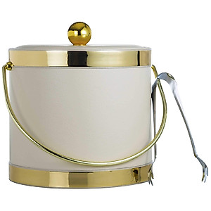 Hand Made In USA Tiffany Off White With Dual Gold Bands Double Walled 3-Quart Insulated Ice Bucket With Bonus Ice Tongs