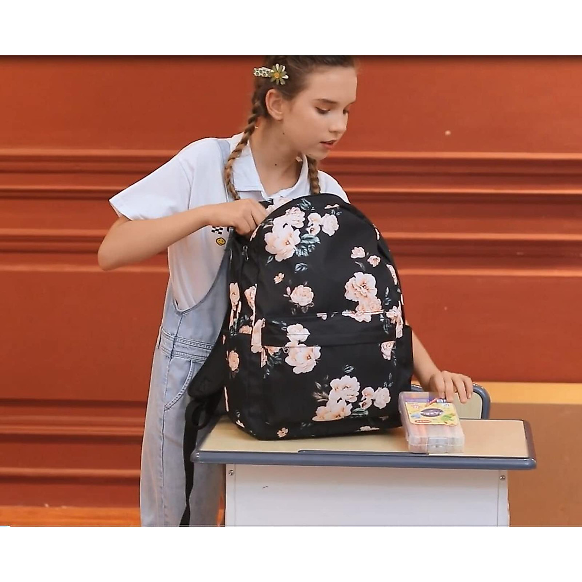 School Backpack for Teen Girls Bookbags Elementary High School Floral Laptop Bags Women Travel Daypacks (Black flower)