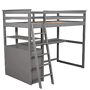 Twin Size Loft Bed with Desk and Drawers, Wood Twin Loft Bed with Storage Shelves, Angled Ladder and Wood Slat Support, High Loft Bed for Kids, Teens, Adults Boys & Girls, Gray