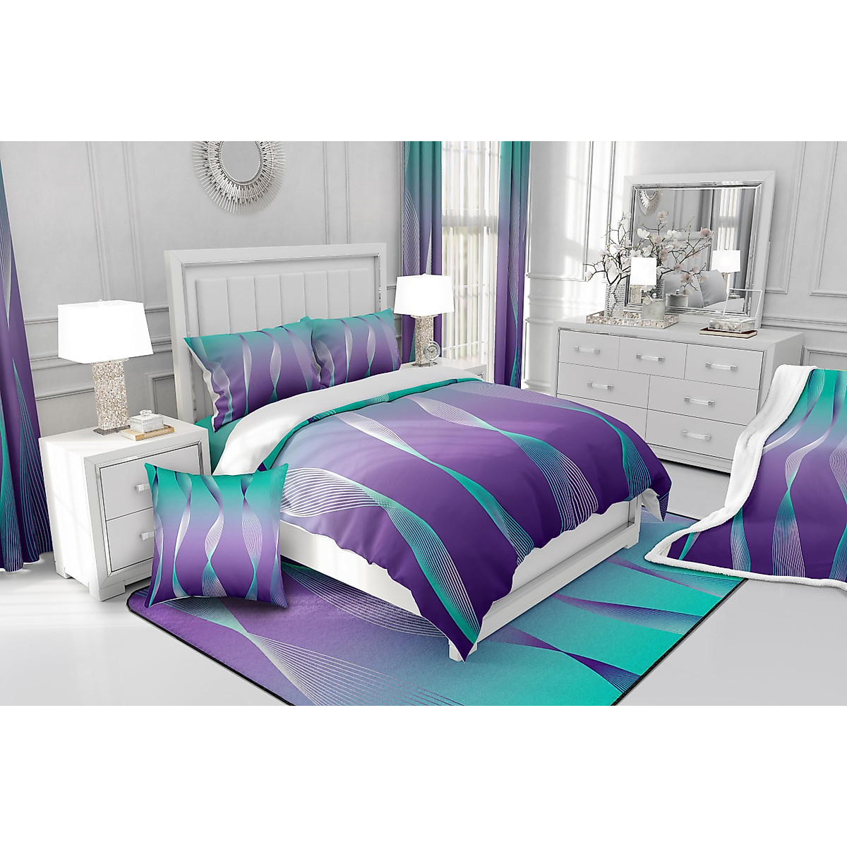 Erosebridal Gradient Gradient Teal to Purple Comforter Set for Girls,Irregular Silver Stripe Wave Line Quilt Ombre Bedding Set King,Abstract Art Room Decor Aesthetic