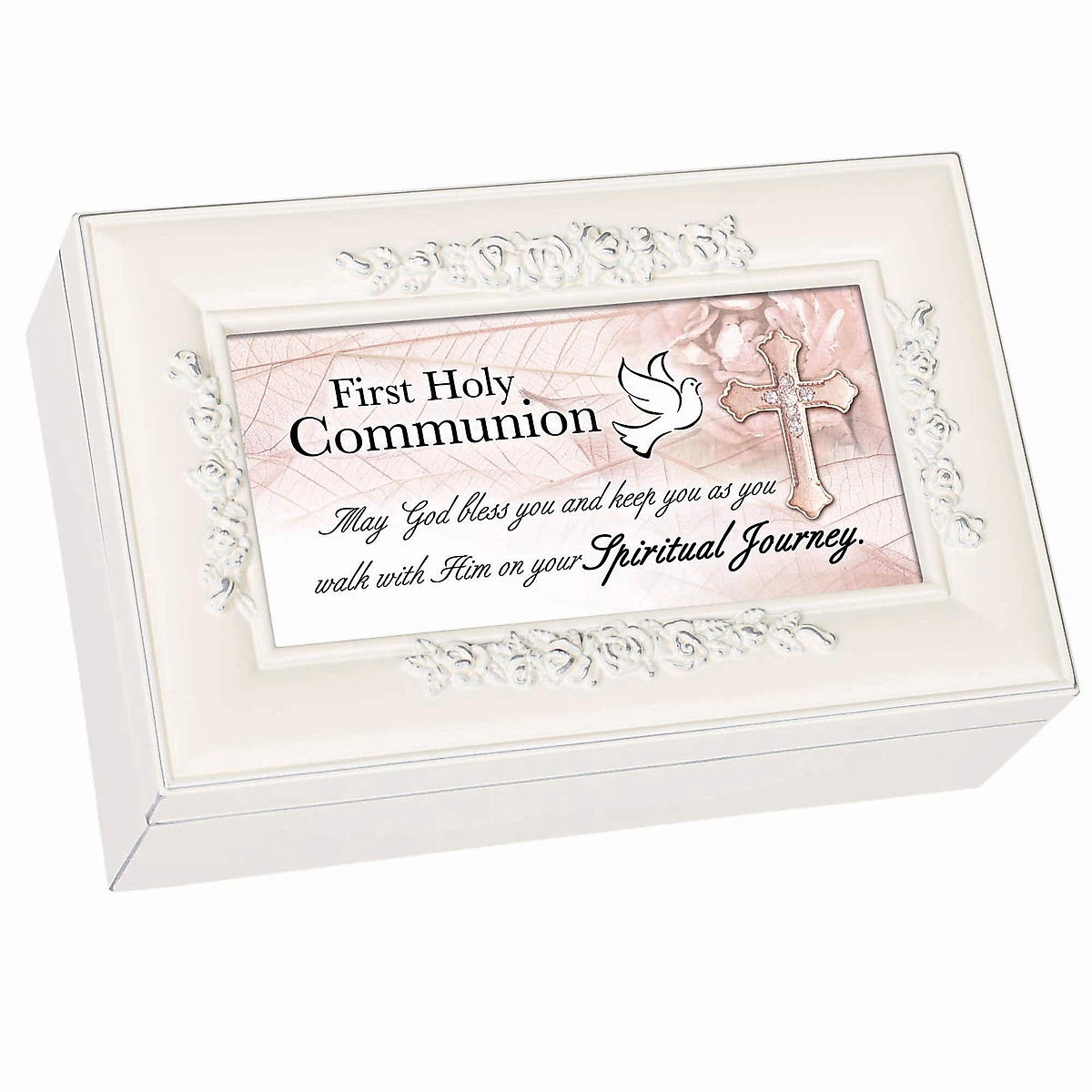 Cottage Garden First Holy Communion Spiritual Journey Ivory Petite Jewelry Music Box Plays Jesus Loves Me