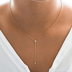Havopso Dainty Lariat Drop Chain Necklace for Women 18K Gold Plated Stainless Steel Cross Y Shaped Double Heart Star Pearl Long Pendant Necklaces Minimalist Jewelry
