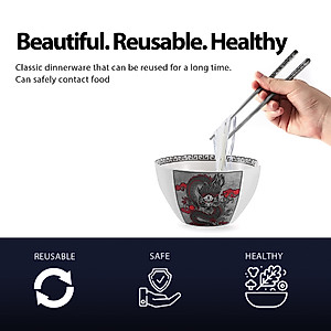 Hagary Dragon Ramen Bowl with Chopsticks Ceramic Bowl Stainless Steel Chopsticks Japanese Style Udon Miso Noodle Soup Bowls Housewarming Wedding Gifts Designed in Korea (Black, 20oz)