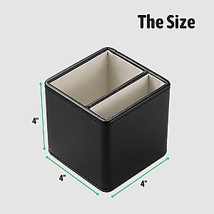 Lorteme 2-Compartment Pen Holder, Handmade Leather Pencil Cup, Stationeries and Desk Supplies Organizer for Home, Office & School - Black