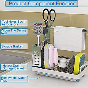 BeBeHome Sink Caddy Organizer, Sponge Holder for Sink Soap Brush Dispenser Holder with Rag Rack Suction Cup Dishcloth Holder with Drain Pan Stainless Steel Silver 9.5X4.5X8.9 in