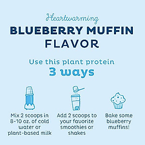 KOS Plant Based Protein Powder, No Erythritol, Blueberry Muffin - Organic Pea Protein Blend, Superfood with Spirulina & Immune Support Blend - Dairy Free, Meal Replacement for Women & Men, 15 Servings