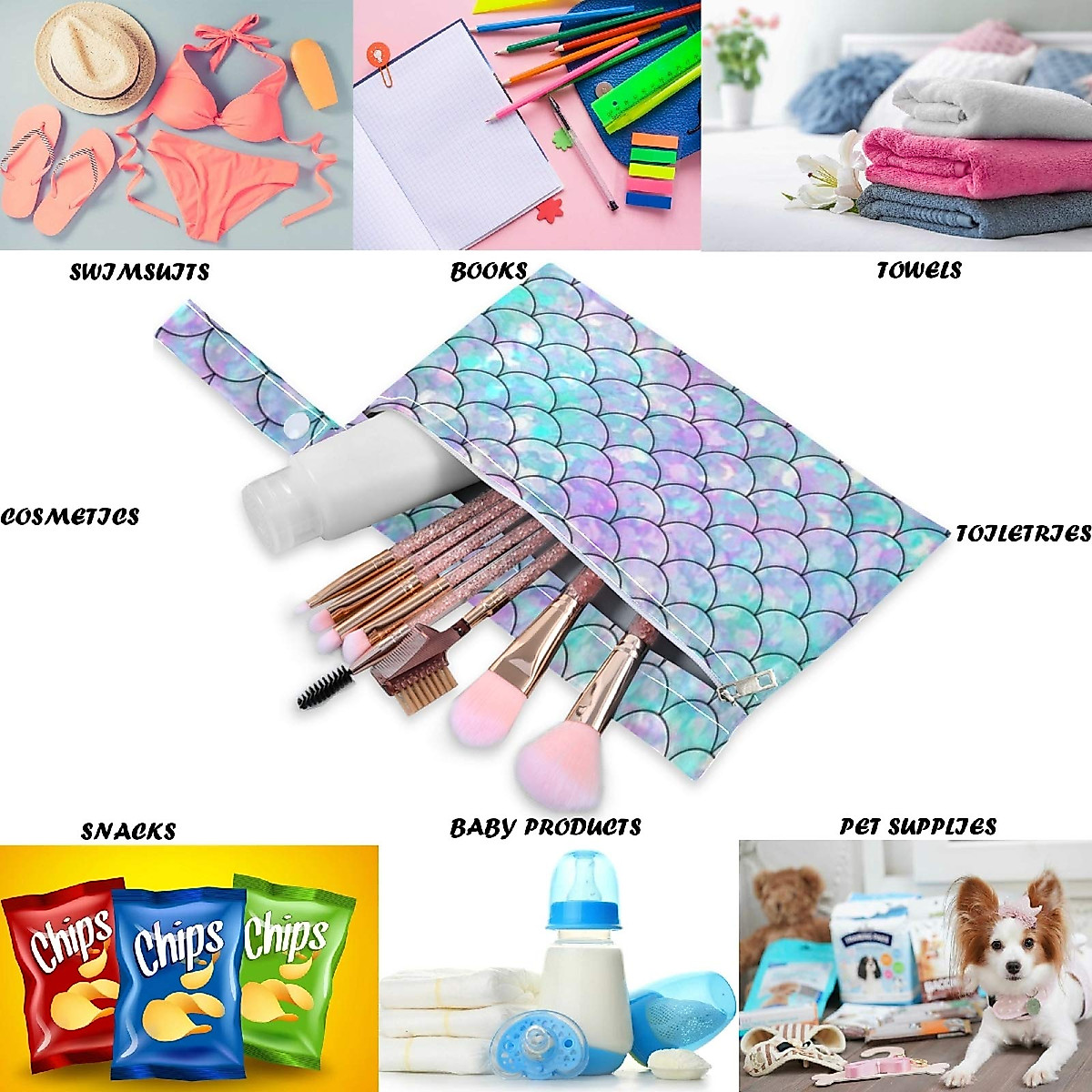 visesunny 2Pcs Wet Bag with Zippered Pockets Beautiful Rainbow Mermaid Scale Washable Reusable Roomy for Travel,Beach,Pool,Daycare,Stroller,Diapers,Dirty Gym Clothes, Wet Swimsuits, Toiletries