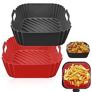 2 Pack Air Fryer Silicone Liners, 8 Inch Square Air Fryer Liners for 4 to 7 QT, Reusable Silicone Air Fryer Liners, Air Fryer Accessories, AirFryer Liners Silicone (Black & Red)