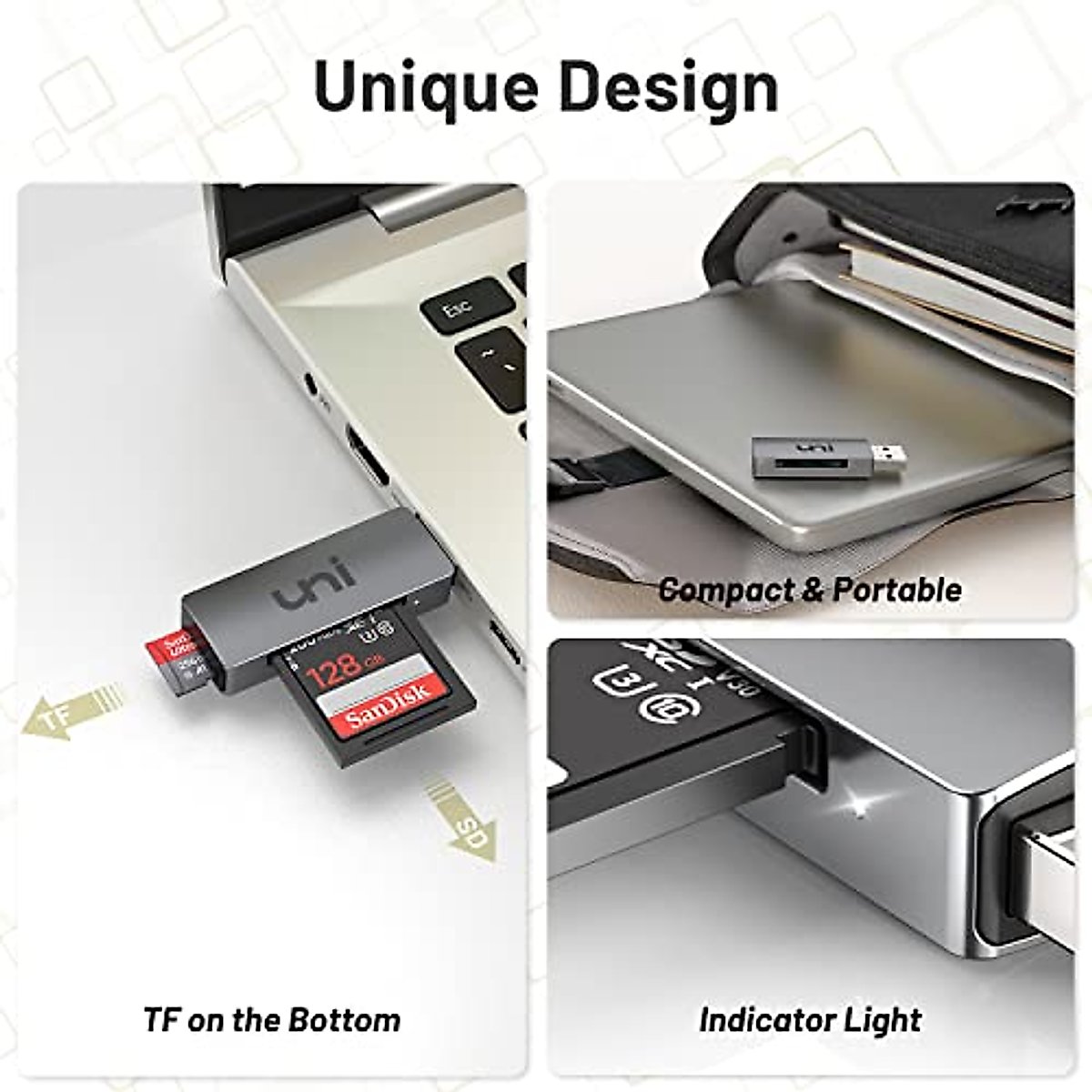 SD Card Reader, uni Micro SD Card Adapter, Mini-Size Aluminum USB 3.0 SD Card Reader Support SD, SDXC, SDHC, MMC, Micro SDXC, Micro SD, Micro SDHC and UHS-I Card, Compatible with Mac/Win/Linux