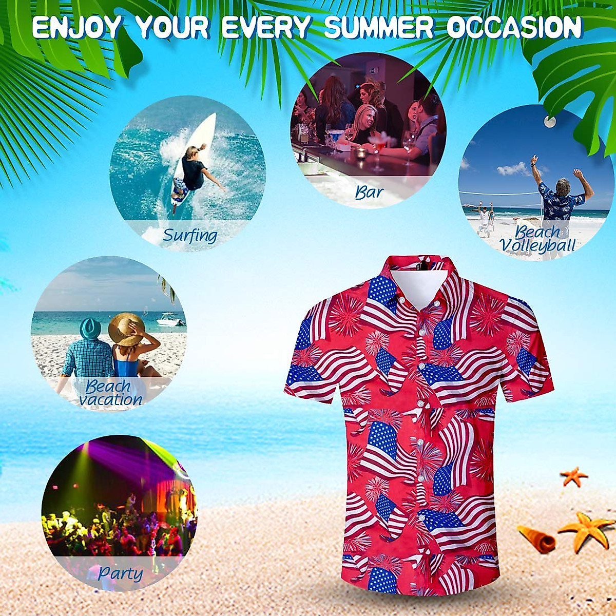 Fanient Button Down Shirt for Mens USA Flag Hawaiian Shirt Summer Beach Aloha Shirts Casual Novelty Slim Fit Patriotic Button Up Shirt M