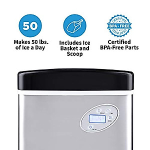 Newair Portable Ice Maker 50 lb. Daily, 12 Cubes in Under 7 Minutes - Compact Countertop Design - 3 Size Bullet Shaped Ice - for Kitchen/Office/RV/Bar - Stainless Steel