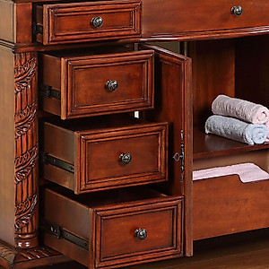 Silkroad Exclusive FS-0268-CM-UWC-60 Creamy Marble Stone Single Sink Bathroom Vanity with Furniture Cabinet, 60", Medium Wood