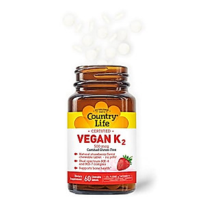 Country Life Certified Vegan K2 500 mcg - 60 Chewables - Strawberry Flavor - Dual Spectrum MK-4 and MK-7 Complex