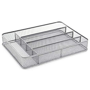 TQVAI Mesh Cutlery Tray 5 Compartments Kitchen Silverware Holder Utensil Flatware Organizer, Silver