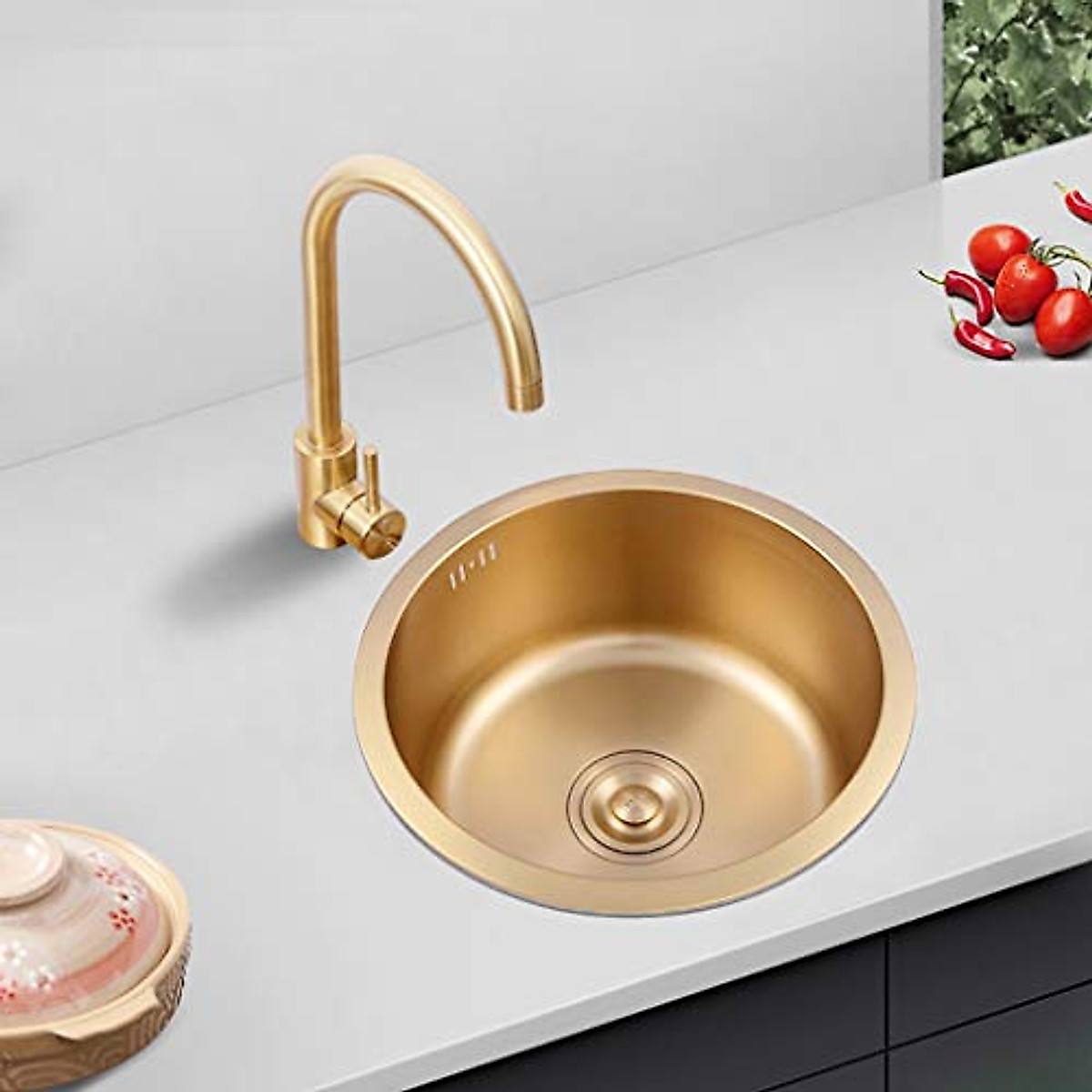 Single Bowl Bar Sinks Black round Sink Kitchen Renovation Pool round Single Sink with Hot and Cold Faucet Mixer Taps Washbasin Sink, 40 x 40 cm, Gold