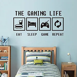 JUEKUI Eat Sleep Game Repeat Controllers Wall Decal The Gaming Life Vinyl Sticker Kids Room Decor Wall Art Poster Decoration W115 (Black)