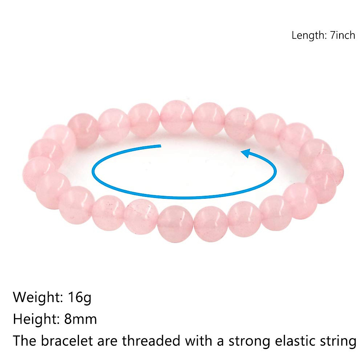 Natural Gemstones Rose Quartz Bracelet 8mm Chakra Round Beads Energy Power Crystal Reiki Healing Elastic Stretch 7 Inch for Women Men Unisex