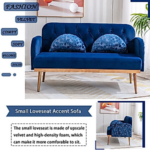 55-inch Small Velvet Couch with Elegant Moon Shape Pillows, Twin Size Loveseat Accent Sofa with Golden Metal Legs, Living Room Sofa with Tufted Backrest, 600 Pounds Weight Capacity, Navy Blue