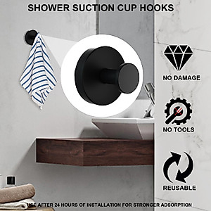 DEMITUMON Suction Cup Hooks for Shower,Bath Towel Hook,Heavy-Duty 304 Stainless Steel Suction Hooks for Bathroom Kitchen,Door,Glass,Mirror,Tile- Easy to Install,Strong Adsorption,Black - 2 Pack