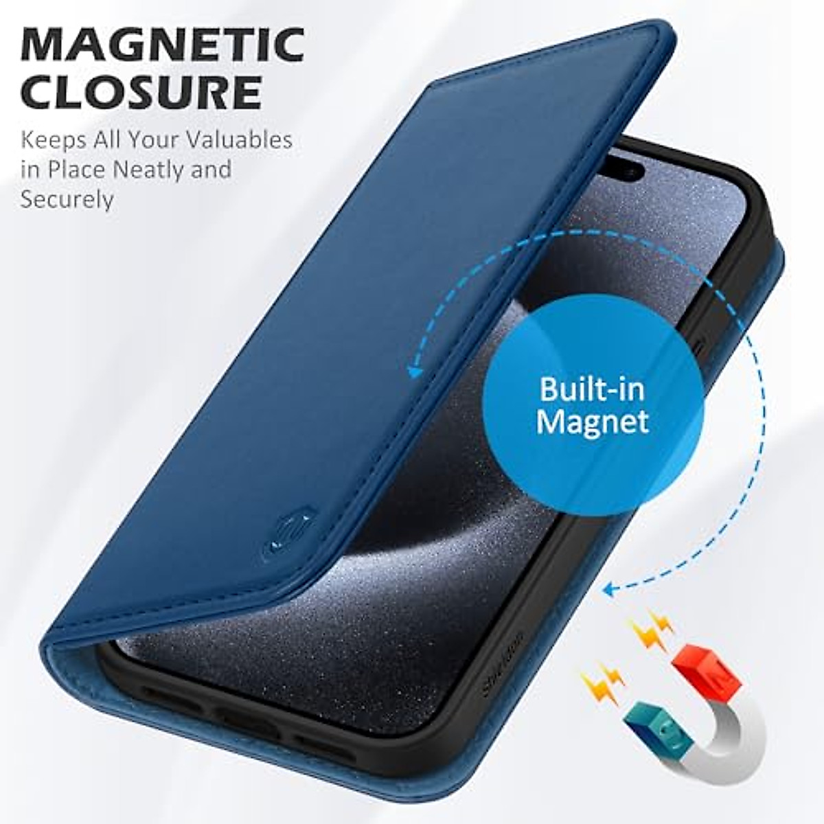 SHIELDON Wallet Case for iPhone 15 Pro Max 6.7", Genuine Leather Wallet Flip Magnetic RFID Blocking Credit Card Slot Kickstand Shockproof TPU Shell Case Compatible with iPhone 15 Pro Max - Royal Blue