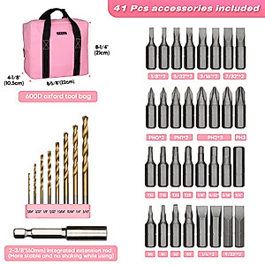 SHALL 43-Piece Pink Cordless Drill Set, 12V Electric Drill, 3/8" Keyless Chuck, 2Ah Li-ion Battery, 8 HSS Drill Bits & 32 Screwdriver Bits Included, for Drilling Wood/Metal, Women DIY Projects