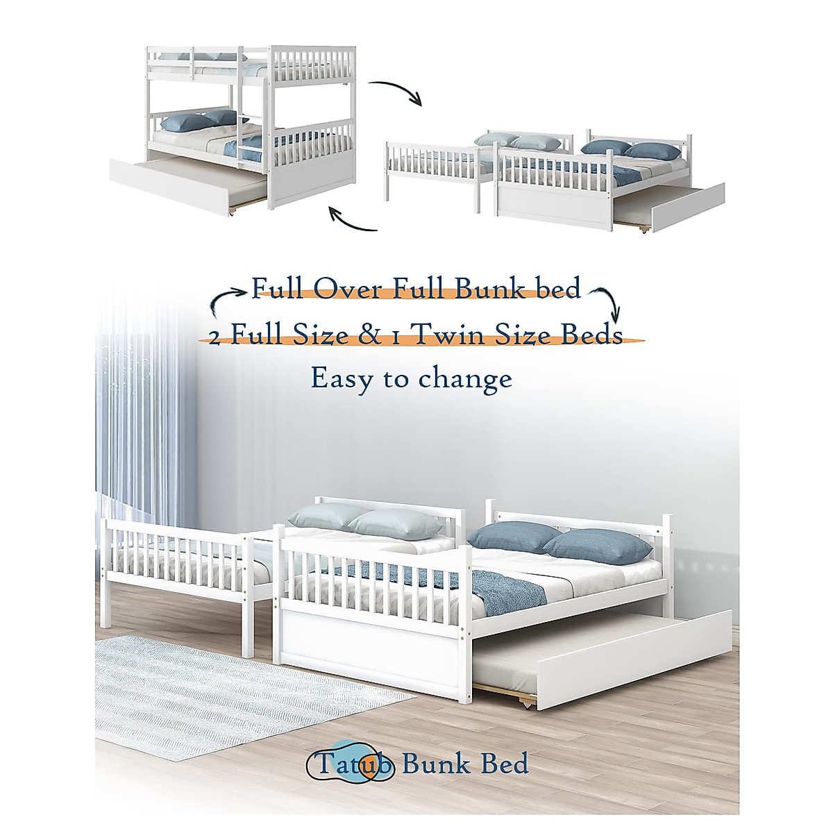 Tatub Full Over Full Bunk Bed with Trundle, Pine Wood Frame, Ladder and Guard Rails, Solid Bunk Bed with Trundle for Kids, Teens, Adults, No Box Spring Needed, Grey