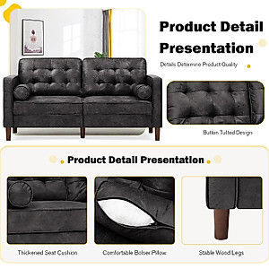 Lesofair 67" Faux Leather 2-seat Sofa with Two Bolster Pillows, Tufted Loveseat with Wooden Legs, Morden Sofa Suitable for Living Room, Office, Brown