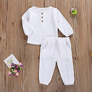 Toddler Baby Boy Girl Cotton Linen Pants Set Solid Long Sleeve T Shirt Top Drawstring Elastic Waist Pants Outfit (A-White, 12-24M)