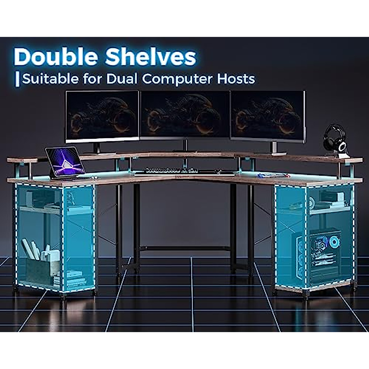Coleshome L Shaped Gaming Desk with LED Lights & Power Outlets, Reversible 56" Computer Desk with Full Monitor Stand & Storage Shelves, Ergonomic Home Office Corner Desk, Gray Oak