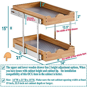 OCG Pull Out Drawers For Cabinets 14" W x 21" D, 2 Tier Heavy-Duty Slide out Wood Drawer Shelf, Pull Out Drawer for Cabinets, Base Cabinet Organization ​for Kitchen, Pantry, Bathroom