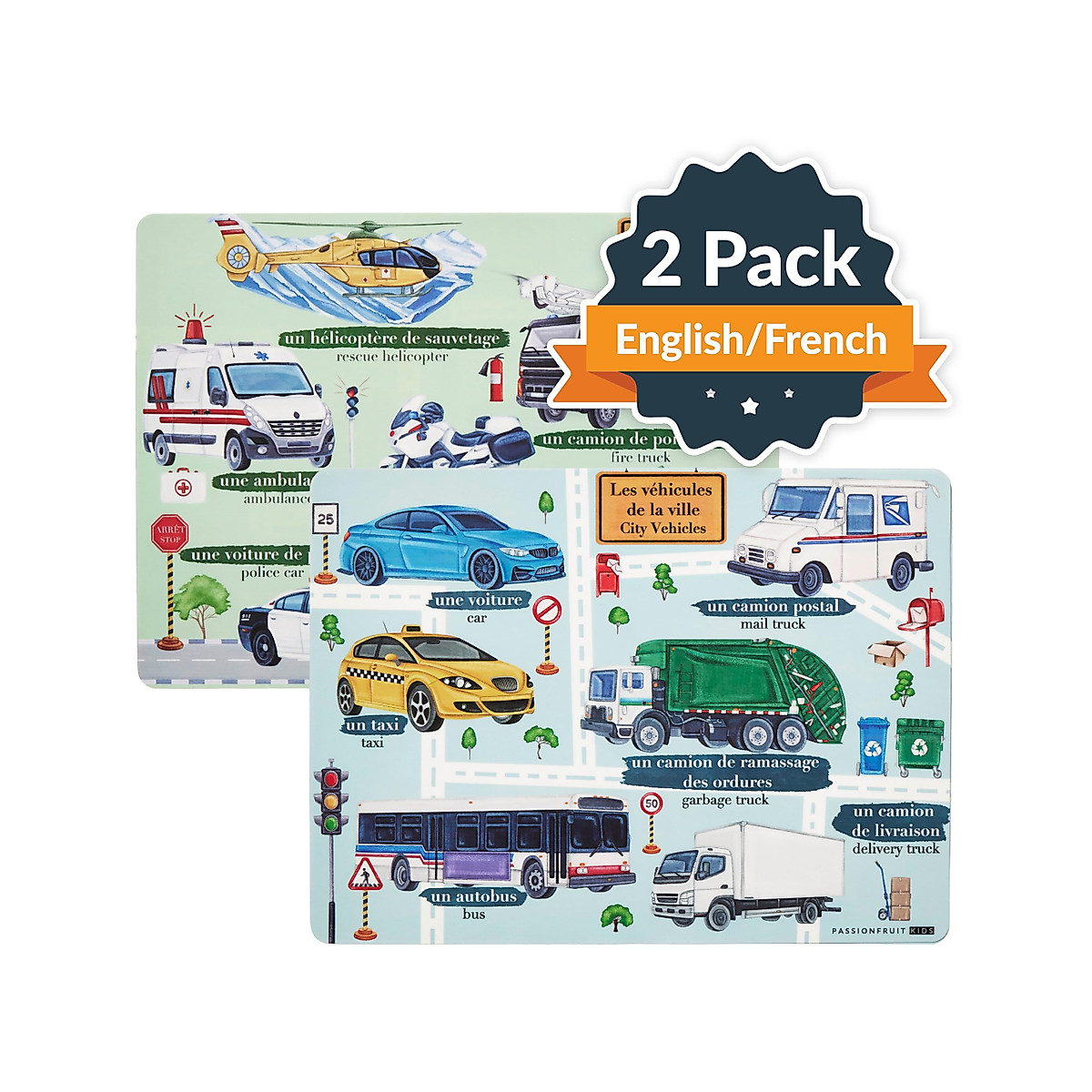 Passionfruit Kids French/English Bilingual Silicone Placemats | Colorful Educational Placemats for Toddlers | Non-Slip, Waterproof, Reusable Placemats for Kids | Vehicle Theme | 2 Pack